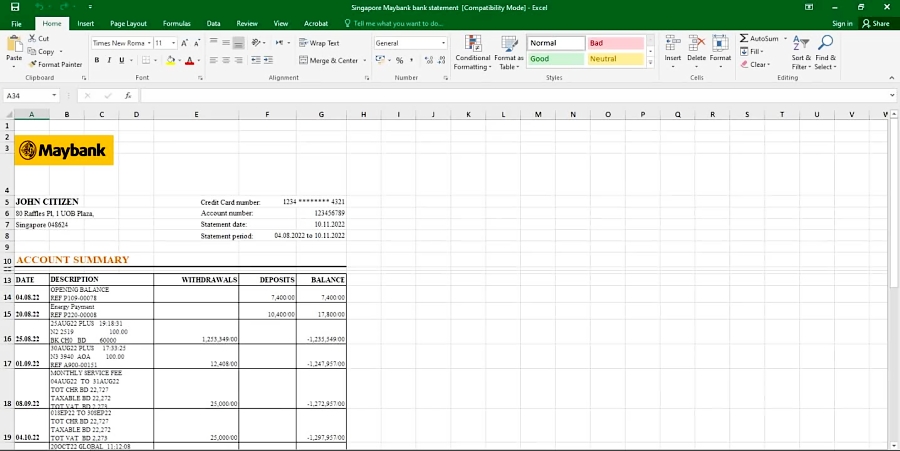 SINGAPORE MAYBANK BANK STATEMENT, EXCEL AND PDF TEMPLATE