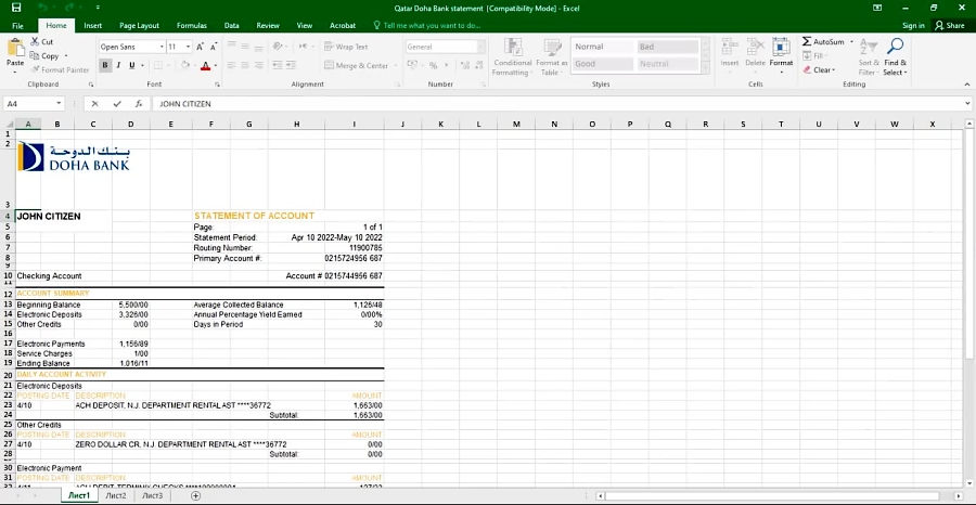 QATAR DOHA BANK STATEMENT, EXCEL AND PDF TEMPLATE