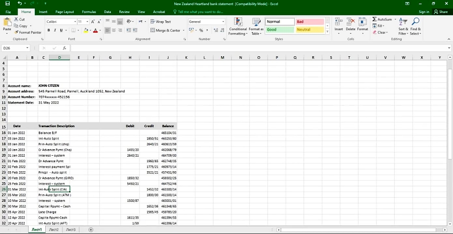 NEW ZEALAND HEARTLAND BANK STATEMENT EXCEL AND PDF TEMPLATE