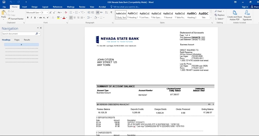 USA NEVADA STATE BANK BUSINESS CHECKING STATEMENT, WORD AND PDF TEMPLATE