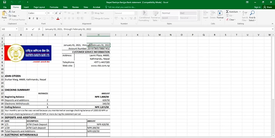 NEPAL RASTRIYA BANIJYA BANK STATEMENT EXCEL AND PDF TEMPLATE