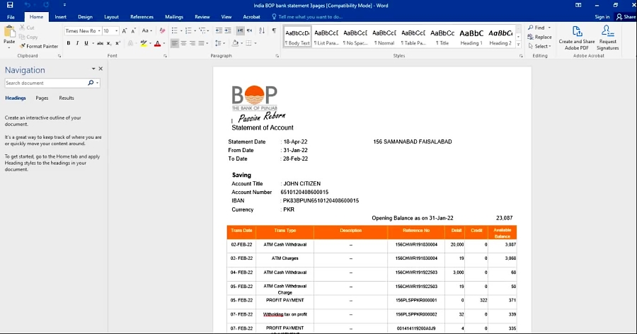 INDIA THE BANK OF PUNJAB (BOP) ACCOUNT STATEMENT WORD AND PDF TEMPLATE, 3 PAGES
