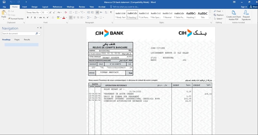 MOROCCO CIH BANK STATEMENT WORD AND PDF TEMPLATE