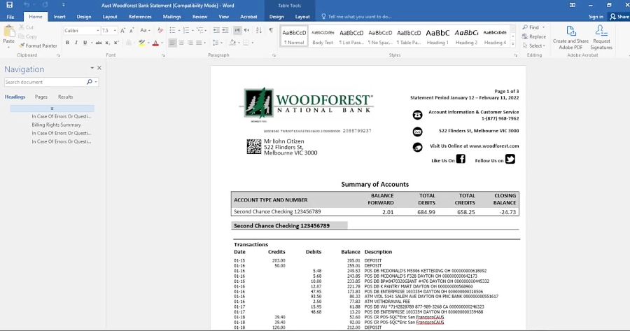 AUSTRALIA WOODFOREST NATIONAL BANK STATEMENT WORD AND PDF TEMPLATE, 3 PAGES