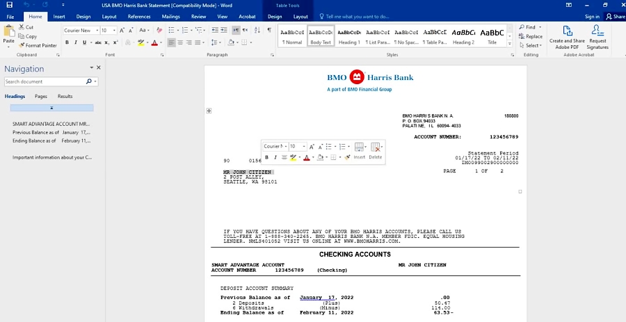 USA BMO HARRIS BANK STATEMENT WORD AND PDF TEMPLATE, 3 PAGES
