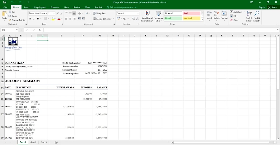 KENYA ABC BANK STATEMENT EXCEL AND PDF TEMPLATE