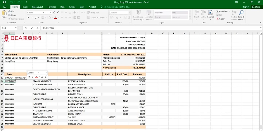 HONG KONG BEA BANK STATEMENT EXCEL AND PDF TEMPLATE