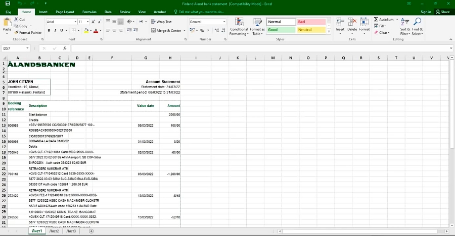 FINLAND ALAND BANK STATEMENT EXCEL AND PDF TEMPLATE
