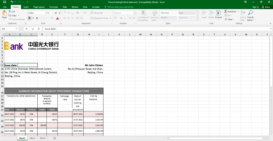 CHINA EVERBRIGHT BANK STATEMENT .XLS AND .PDF TEMPLATE