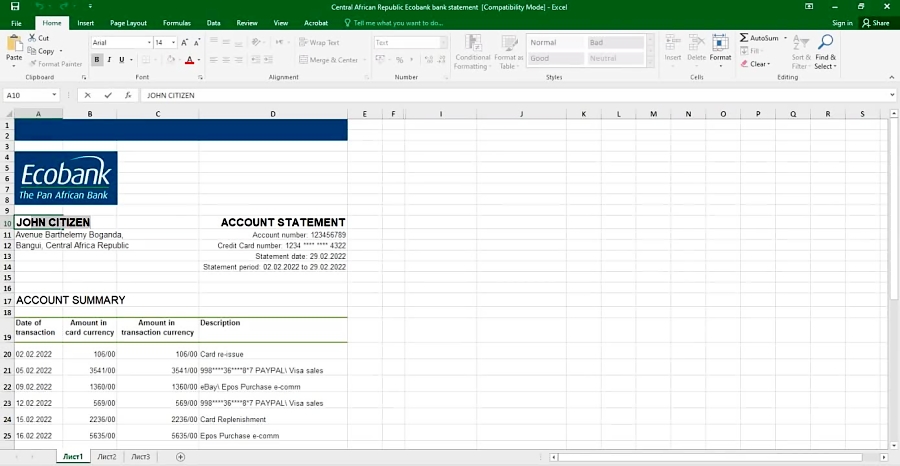 CENTRAL AFRICAN REPUBLIC ECOBANK BANK STATEMENT EXCEL AND PDF TEMPLATE