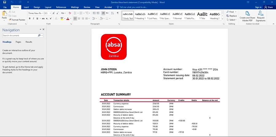 ZAMBIA ABSA BANK STATEMENT TEMPLATE IN WORD AND PDF FORMAT