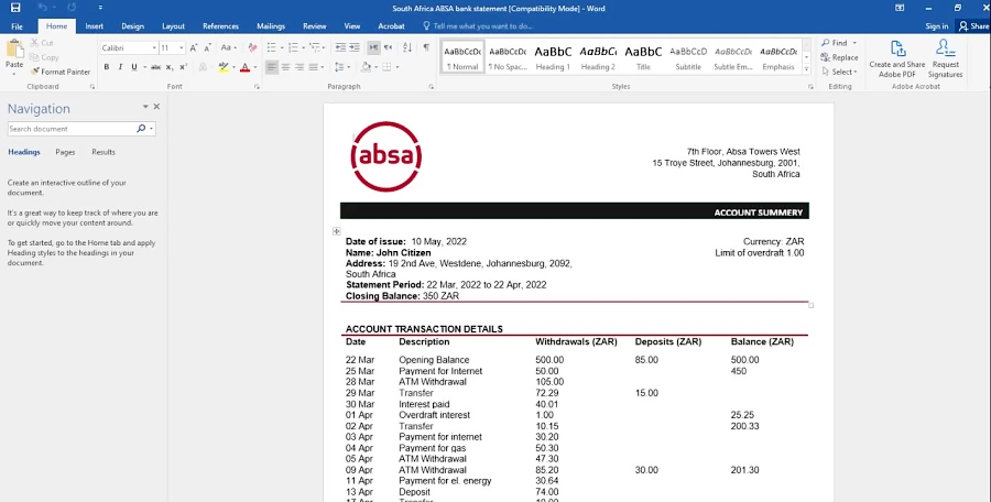 FAKE SOUTH AFRICA ABSA BANK STATEMENT TEMPLATE