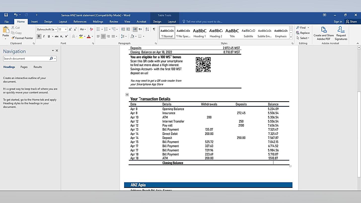 FAKE SAMOA ANZ BANK PROOF OF ADDRESS STATEMENT TEMPLATE