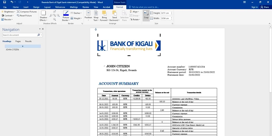 FAKE RWANDA BANK OF KIGALI BANK PROOF OF ADDRESS STATEMENT TEMPLATE