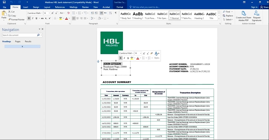 FAKE MALDIVES HBL BANK STATEMENT TEMPLATE