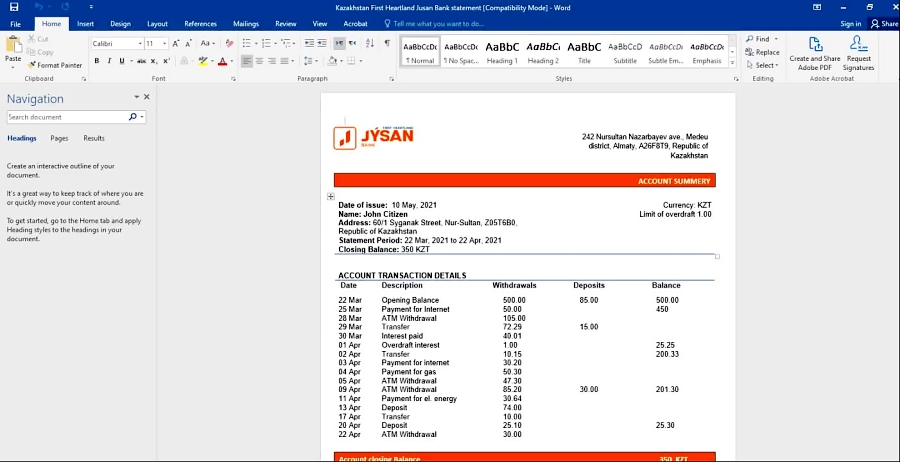 FAKE KAZAKHSTAN FIRST HEARTLAND JUSAN BANK STATEMENT TEMPLATE