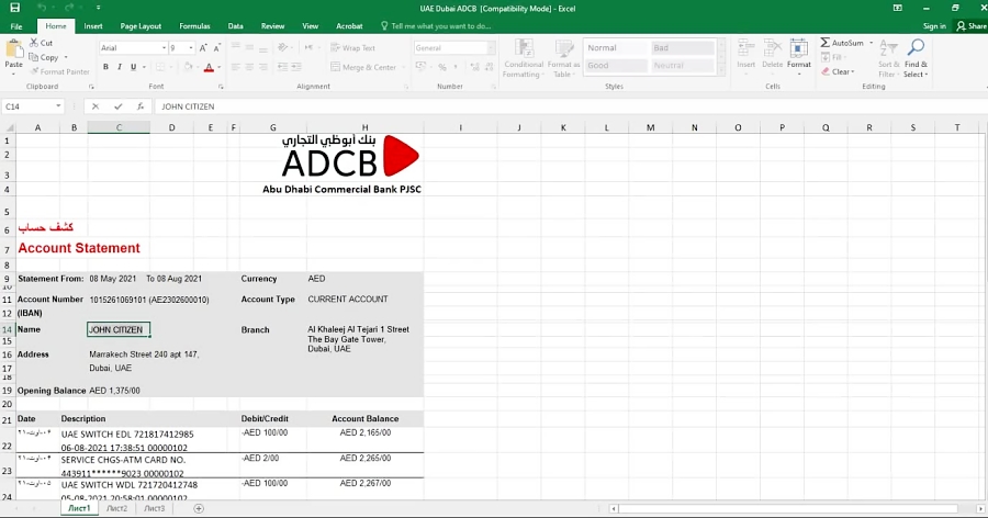FAKE UAE ABU DHABI ADCB BANK STATEMENT EASY TO FILL TEMPLATE