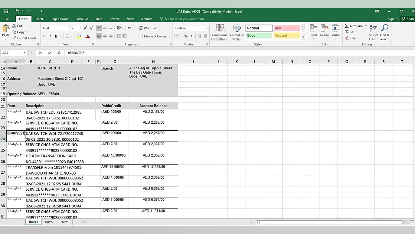 FAKE UAE ABU DHABI ADCB BANK STATEMENT EASY TO FILL TEMPLATE