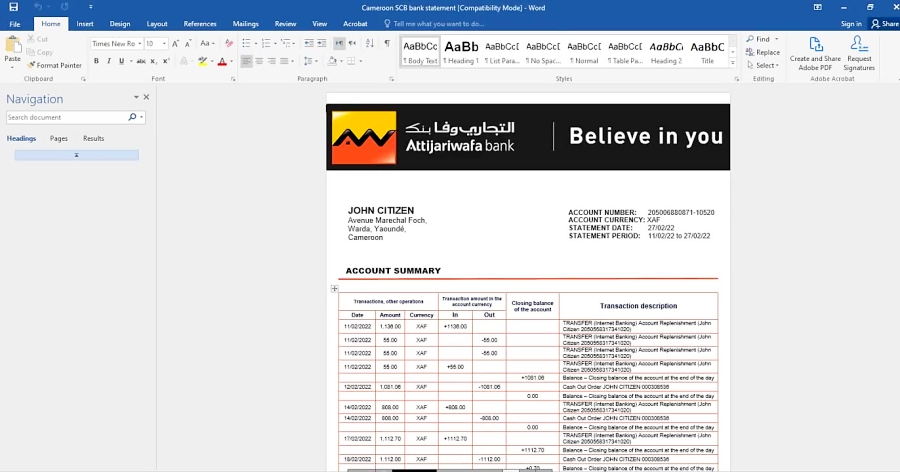 FAKE CAMEROON SCB BANK STATEMENT TEMPLATE