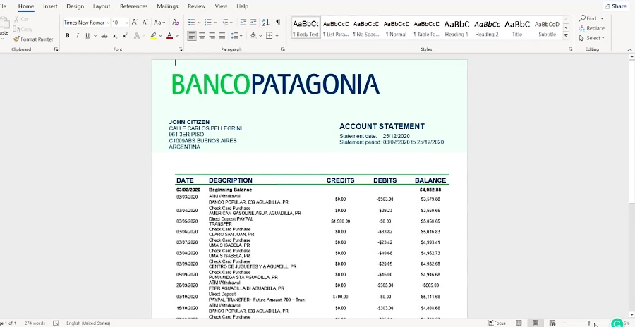 Argentina Banco Patagonia banking statement template in Word and PDF format