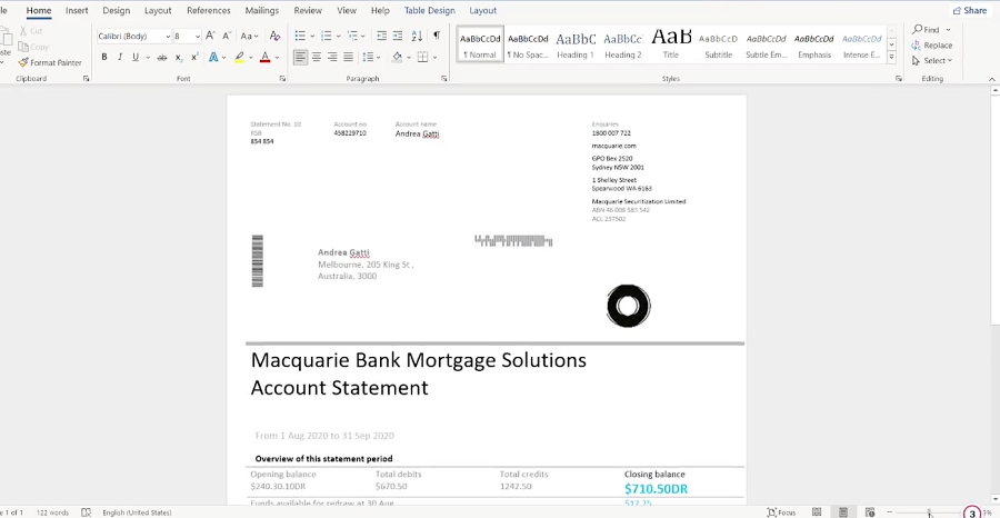 Australia Macquarie proof of address banking statement