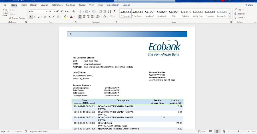 Benin Ecobank proof of address banking statement template in Word and PDF format