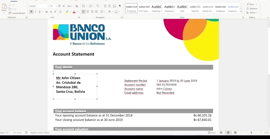 Bolivia Banco Union banking statement template in Word and PDF format