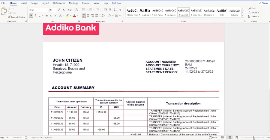 Bosnia and Herzegovina Addiko banking statement template in Word and ...