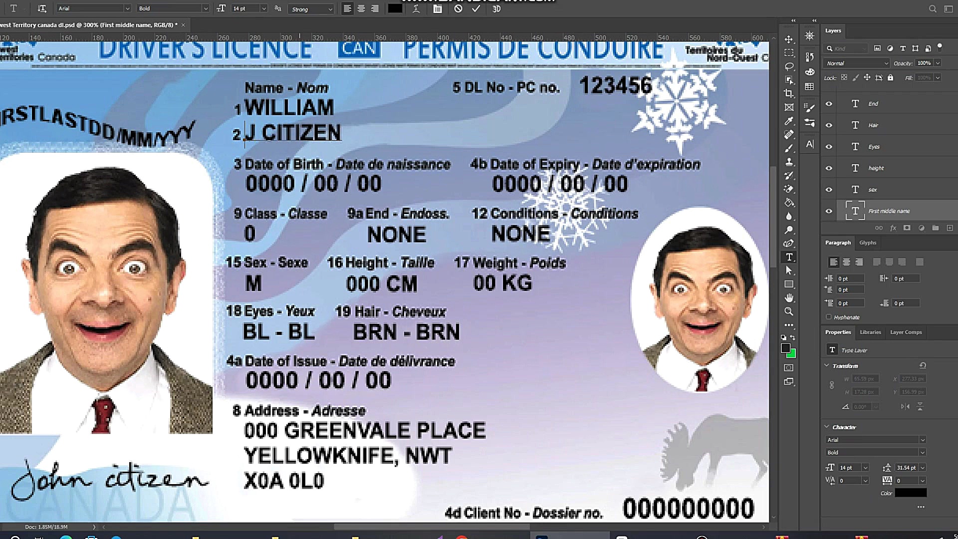 Canada Northwest Territories driver’s license template in PSD format