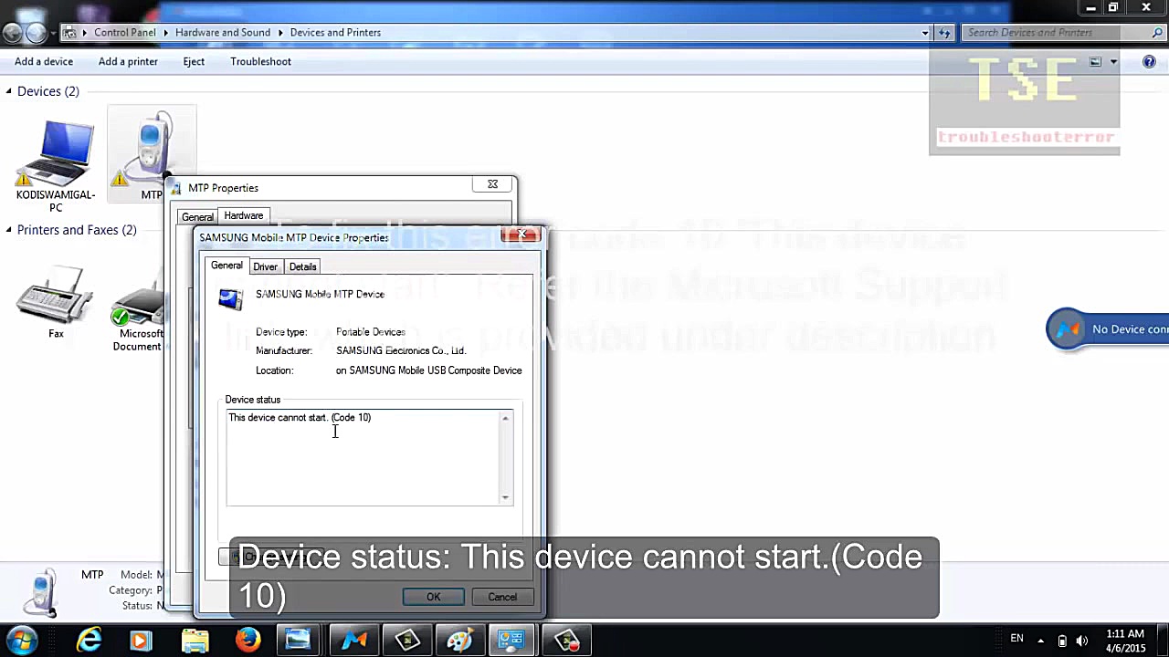 Samsung mobile MTP device driver error code