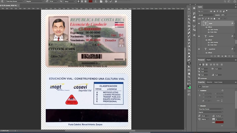 Costa Rica driving license template in PSD format, fully editable