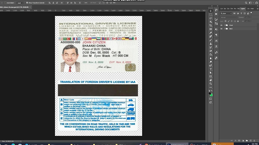 International drivers license PSD template, with fonts
