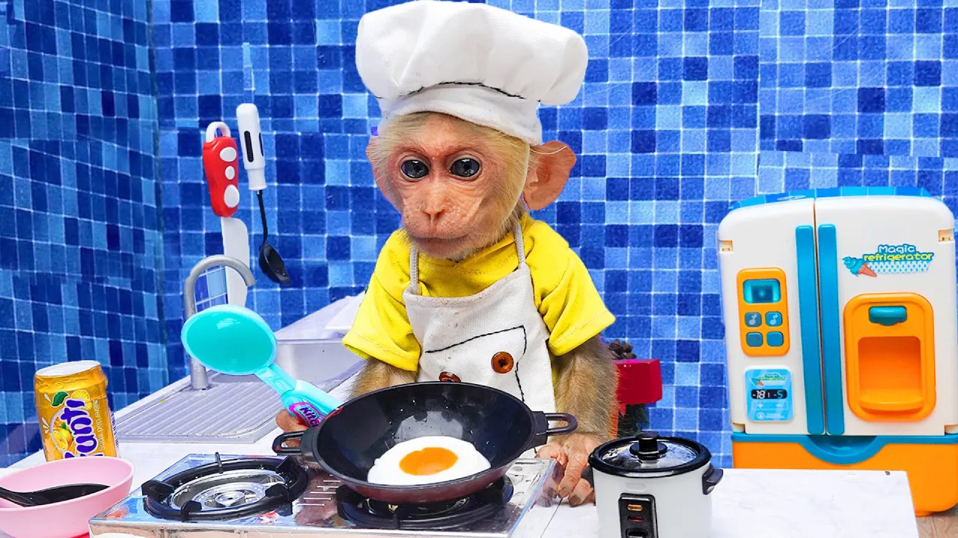 Monkey BiBi cooking dinner with chicken so smart | funny challenge for kids