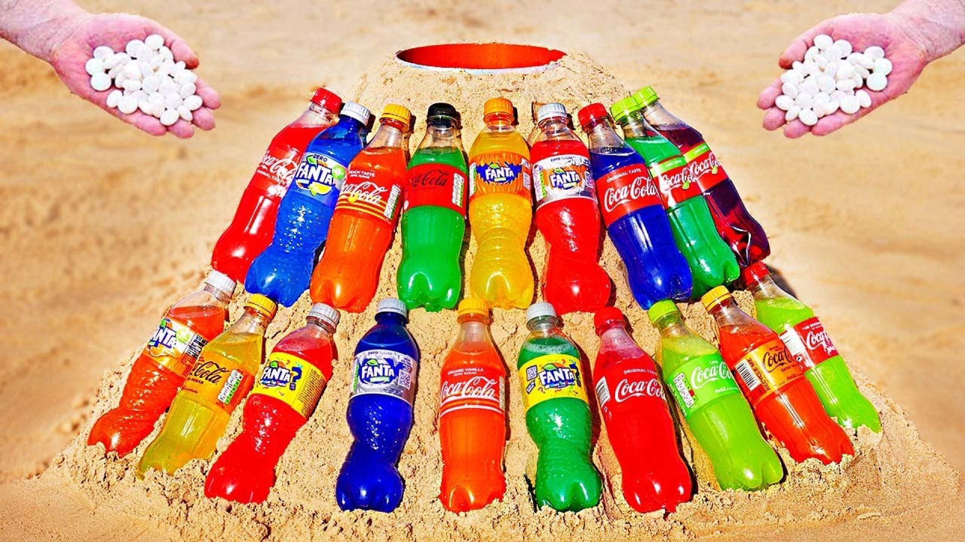 Volcanic Eruption From MultiColored Coca Cola, Fanta and Mentos