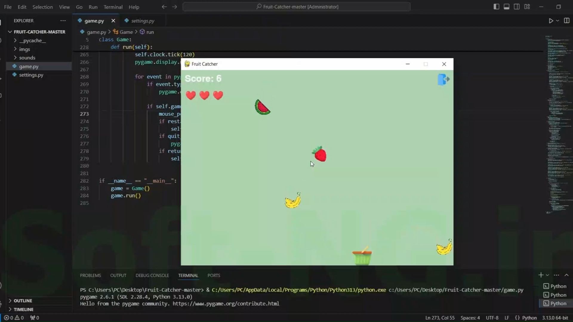 پروژه آماده بازی میوه Fruit Catcher با پایتون و کتابخانه pygame