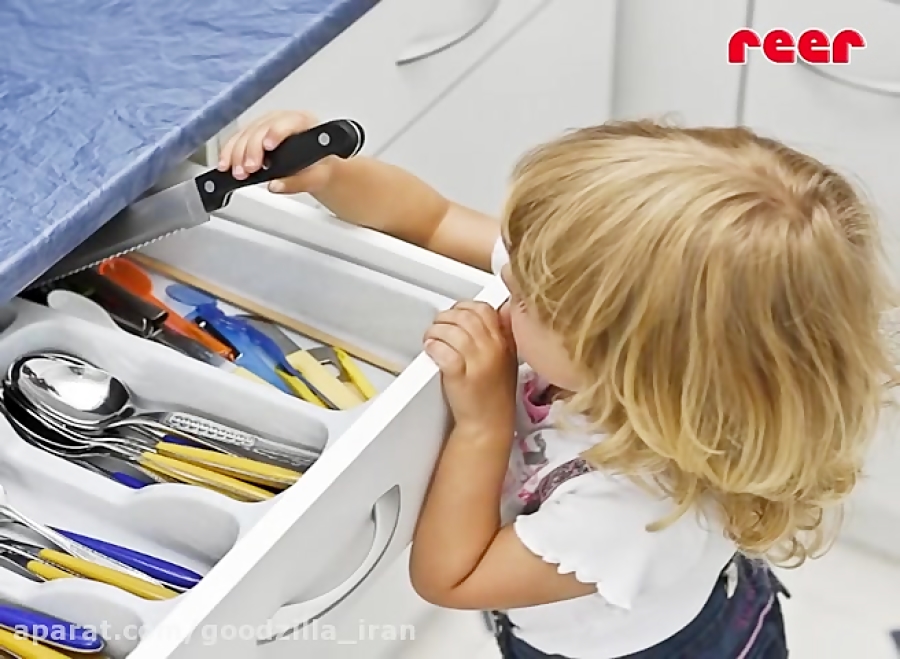 8203 reer safety latch - locks cupboards and drawers, protects the fingers from getting pinched