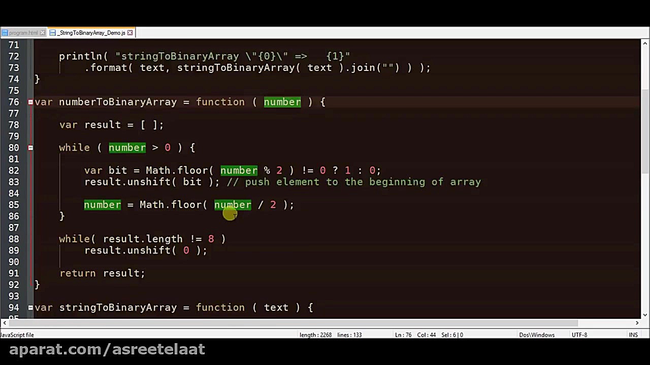 string to binary array in javascript