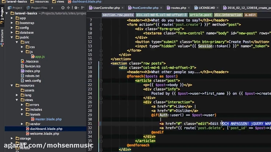 Laravel 5.2 PHP Build a social network - Use jQuery to fetch Post Content